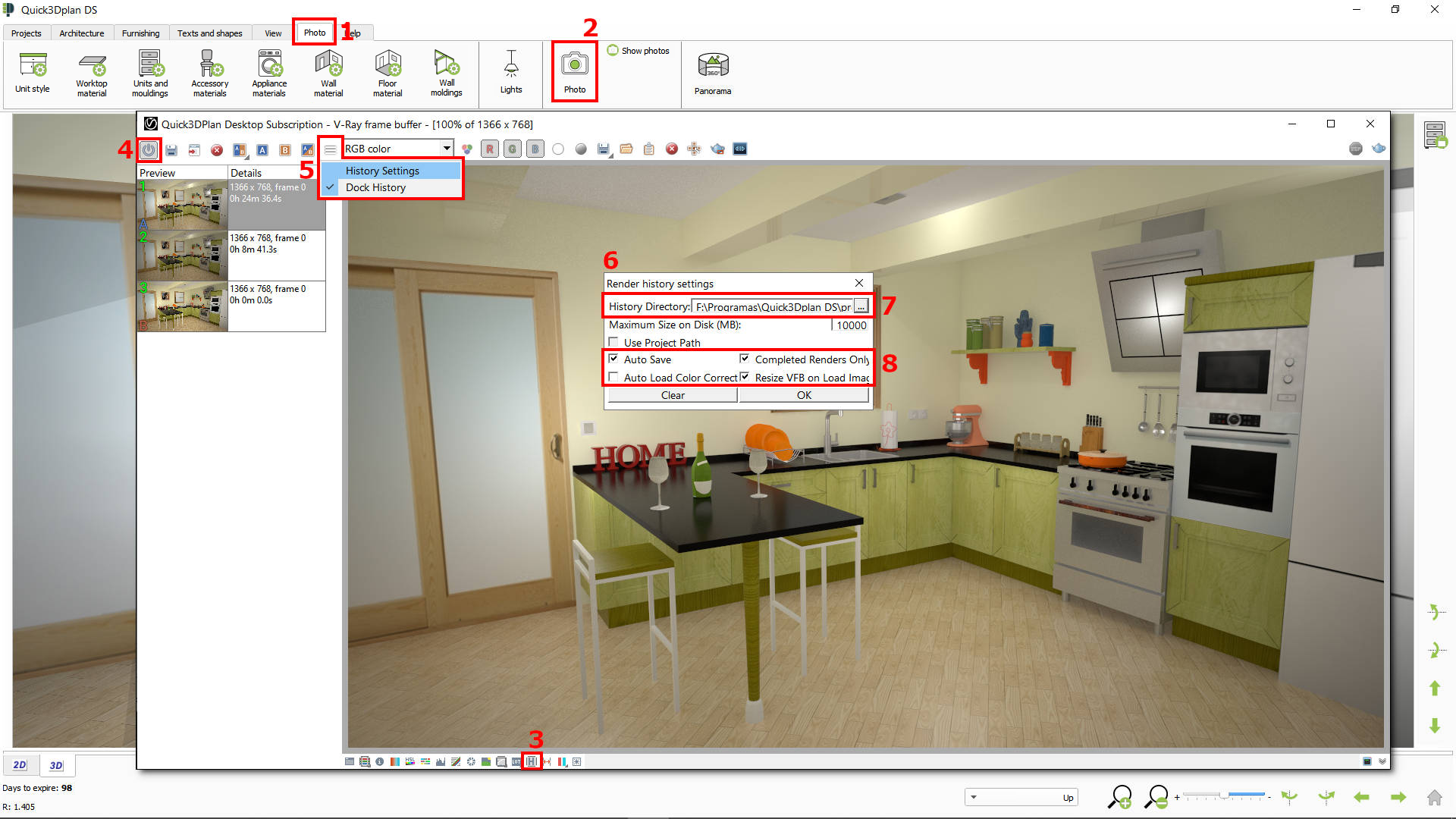 Annex: How to activate the V-Ray window history